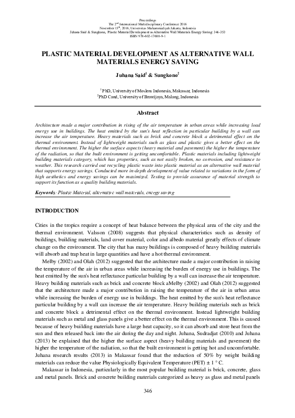 (PDF) Plastic Material Development as Alternative Wall Materials Energy ...