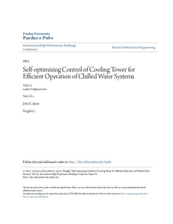(PDF) Self-optimizing Control of Cooling Tower for Efficient Operation of Chilled Water Systems