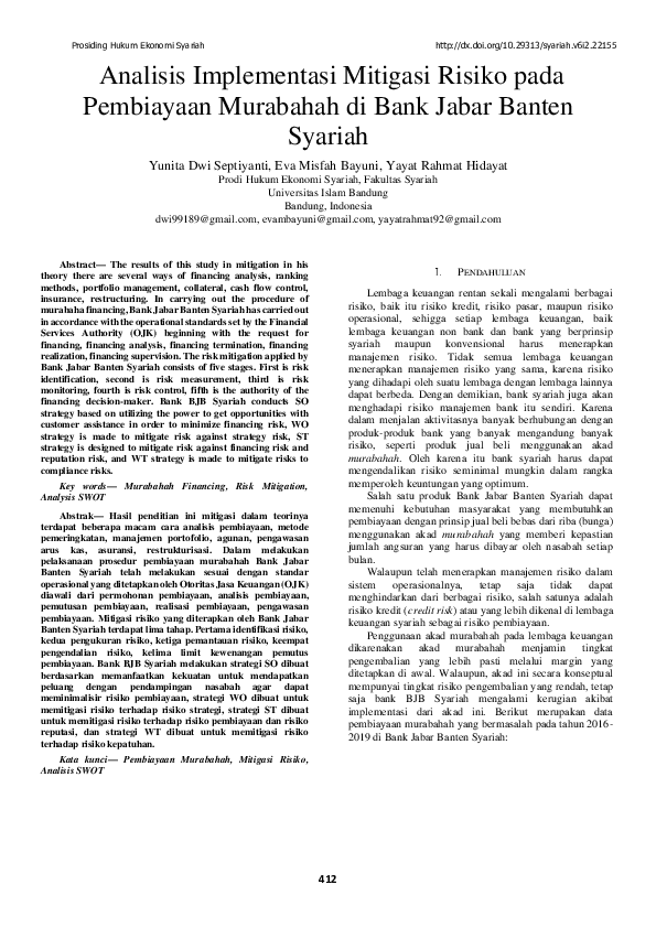 (PDF) Analisis Implementasi Mitigasi Risiko pada Pembiayaan Murabahah di Bank Jabar Banten Syariah