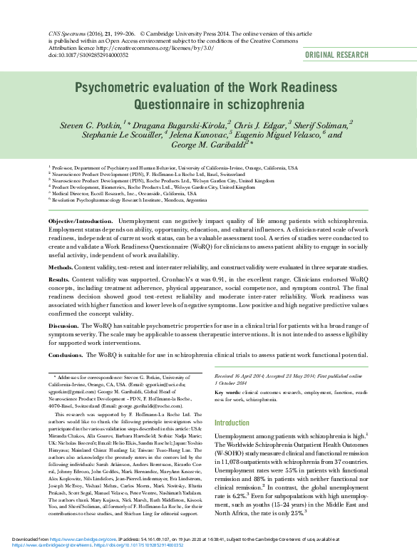 (PDF) Psychometric evaluation of the Work Readiness Questionnaire in ...