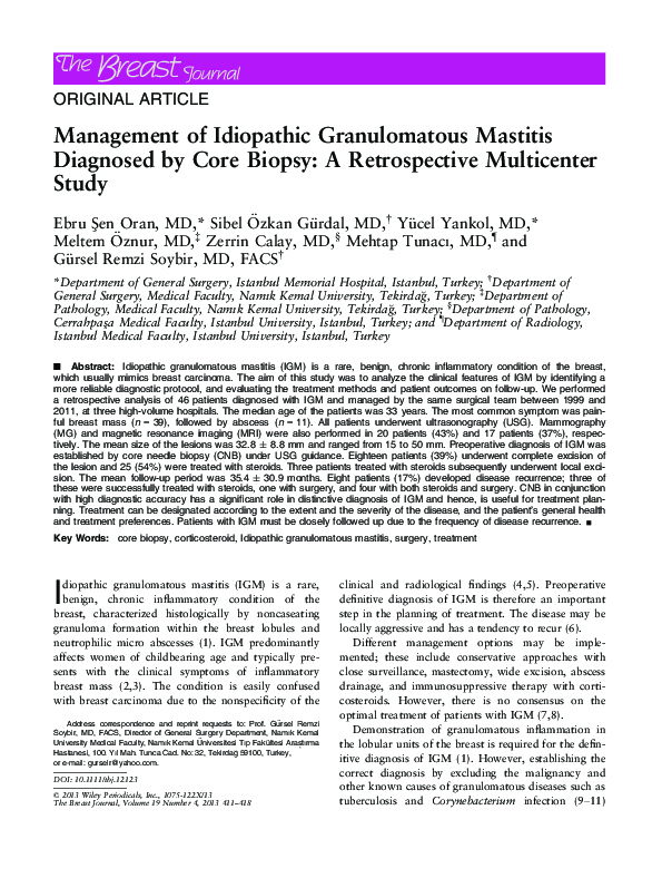 (PDF) Management of Idiopathic Granulomatous Mastitis Diagnosed by Core Biopsy: A Retrospective ...