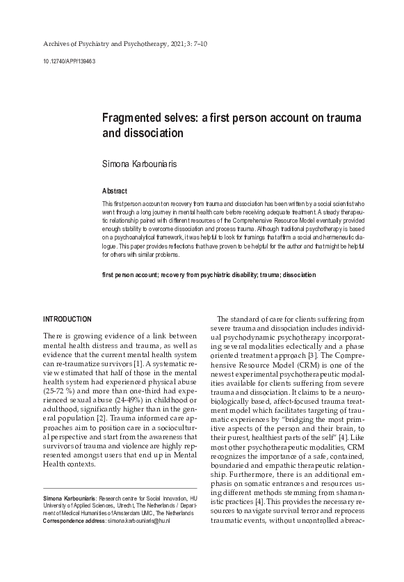 (PDF) Fragmented selves: a first person account on trauma and dissociation