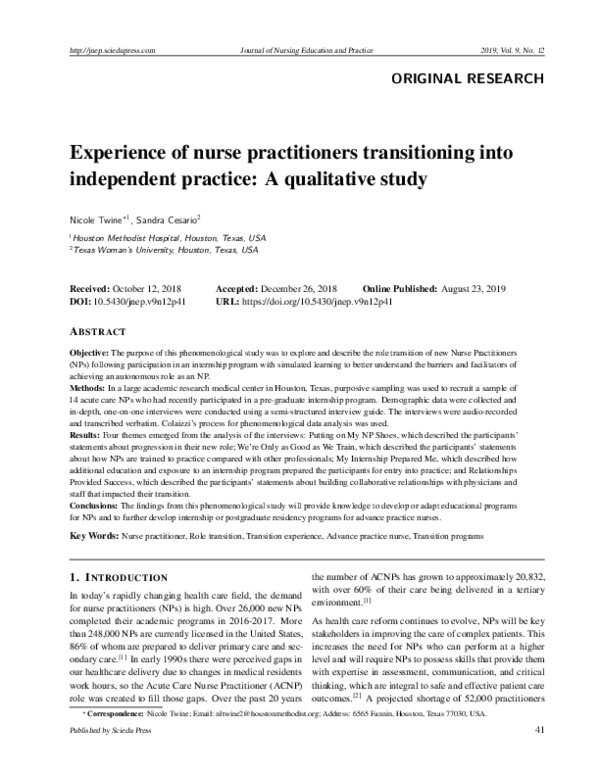(PDF) Experience of nurse practitioners transitioning into independent ...