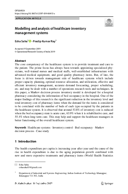 (PDF) Modelling and analysis of healthcare inventory management systems