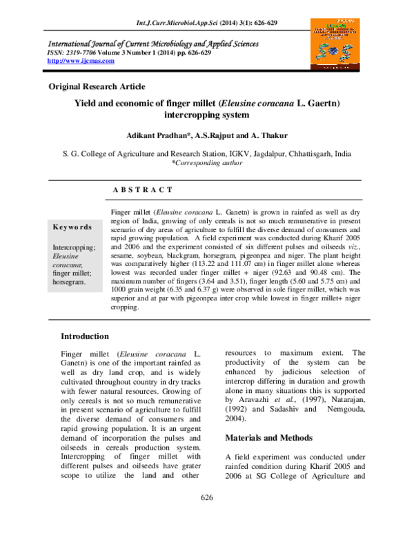 Pdf Yield And Economic Of Finger Millet Eleusine Coracana L Gaertn Intercropping System