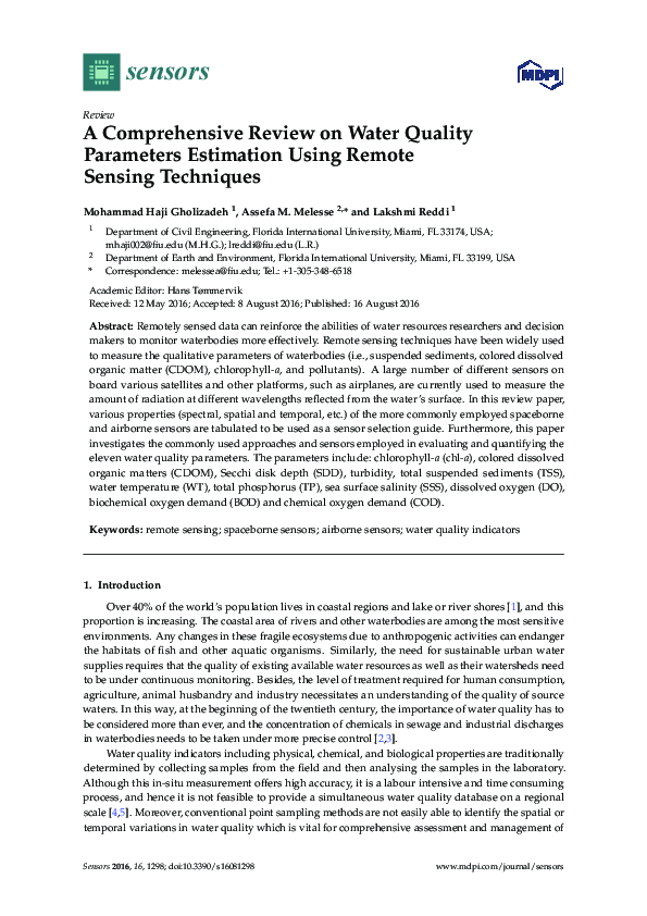 Pdf A Comprehensive Review On Water Quality Parameters Estimation Using Remote Sensing Techniques
