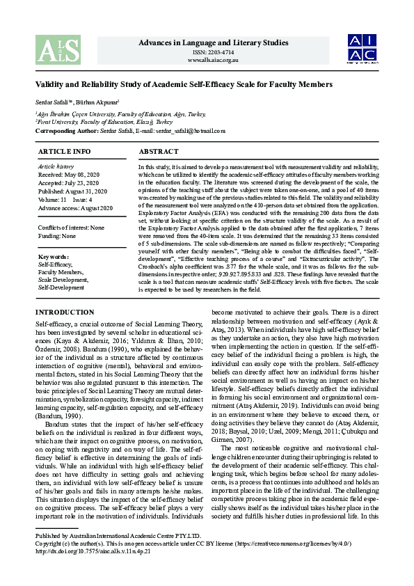 (PDF) Validity and Reliability Study of Academic Self-Efficacy Scale for Faculty Members