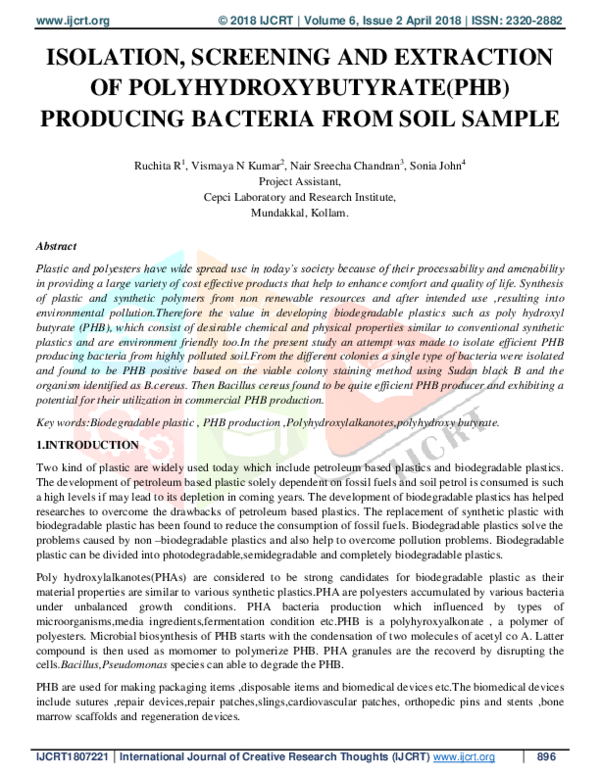 (PDF) Isolation, Screening and Extraction of Polyhydroxybutyrate(PHB) Producing Bacteria from ...