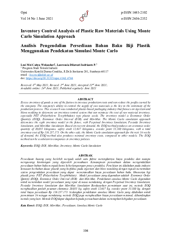 (PDF) Inventory Control Analysis of Plastic Raw Materials Using Monte Carlo Simulation Approach