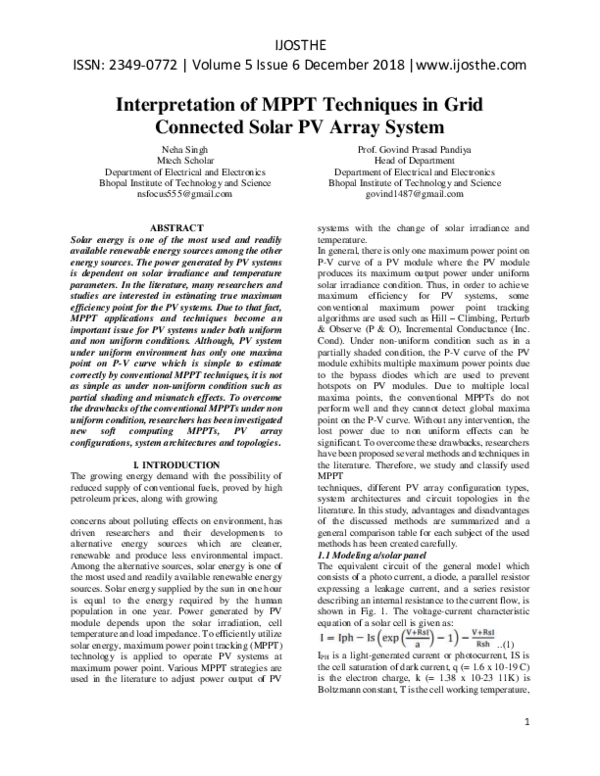 Pdf Interpretation Of Mppt Techniques In Grid Connected Solar Pv Array System