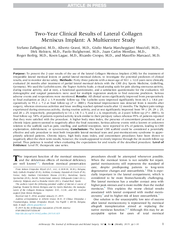 (PDF) Two-Year Clinical Results of Lateral Collagen Meniscus Implant: A ...