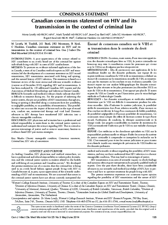 (PDF) Canadian consensus statement on HIV and its transmission in the ...