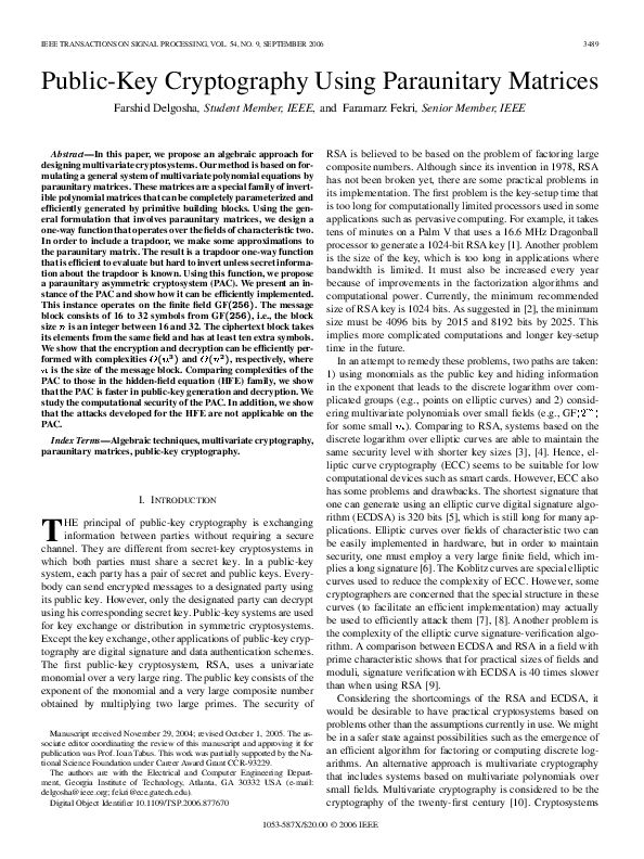 (PDF) Public-key cryptography using paraunitary matrices