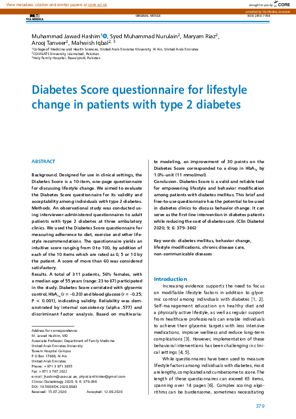 (PDF) Diabetes Score questionnaire for lifestyle change in patients ...