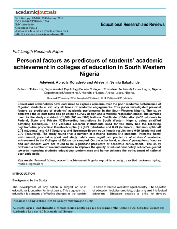 (PDF) Personal factors as predictors of students academic achievement ...
