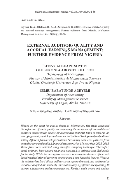 (PDF) External Audit (QR) quality and accrual earnings management:Further evidence from Nigeria