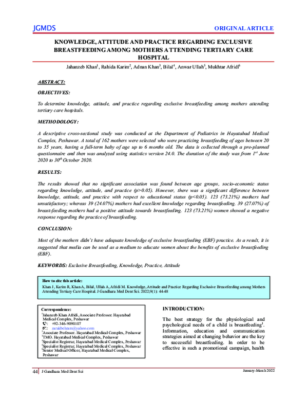 (PDF) Knowledge, Attitude and Practice Regarding Exclusive Breastfeeding Among Mothers Attending ...