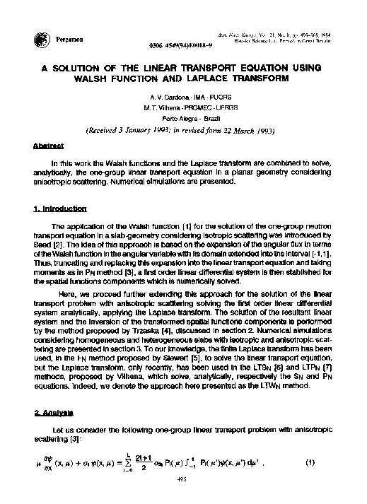 (PDF) A solution of the linear transport equation using Walsh function and Laplace transform