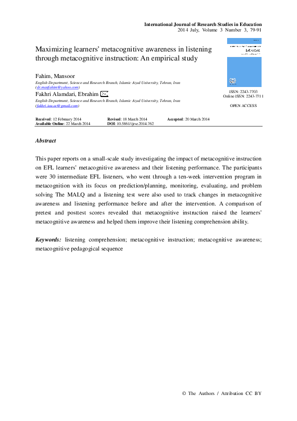 Pdf Maximizing Learners Metacognitive Awareness In Listening Through Metacognitive