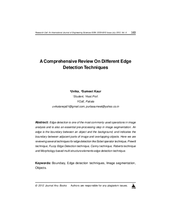 (PDF) A Comprehensive Review On Different Edge Detection Techniques | Sumeet Kaur - Academia.edu