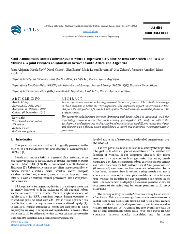 Pdf Semi Autonomous Robot Control System With An Improved 3d Vision Scheme For Search And