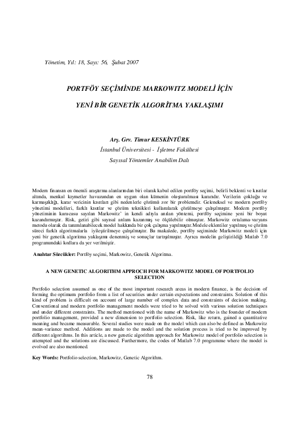 (PDF) A NEW GENETIC ALGORITHM APPROCH FOR MARKOWITZ MODEL OF PORTFOLIO SELECTION