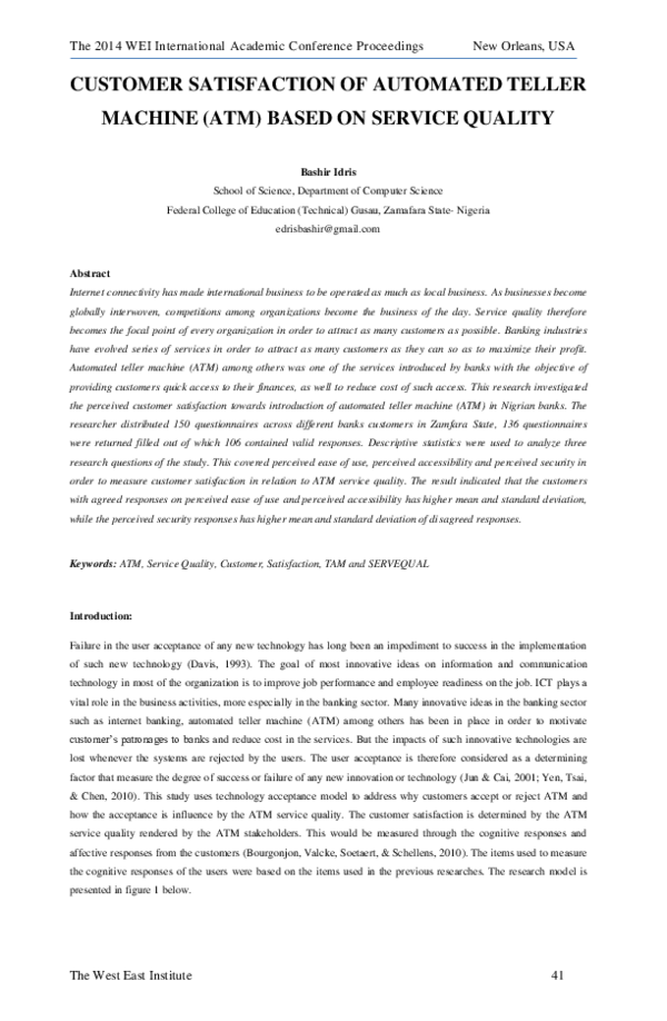 (PDF) Customer Satisfaction of Automated Teller Machine ( Atm ) Based on Service Quality