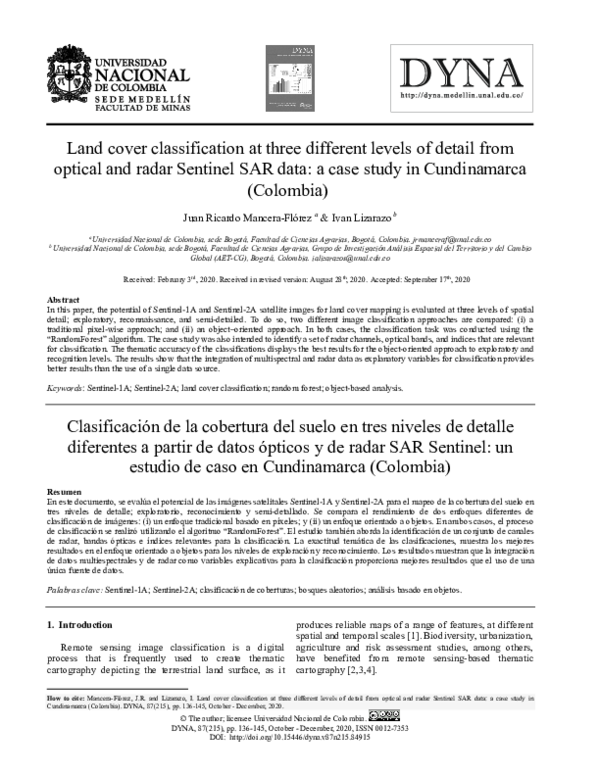 Pdf Land Cover Classification At Three Different Levels Of Detail From Optical And Radar