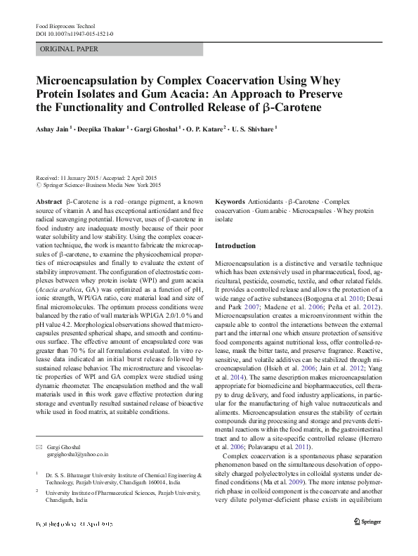 (PDF) Microencapsulation by Complex Coacervation Using Whey Protein ...