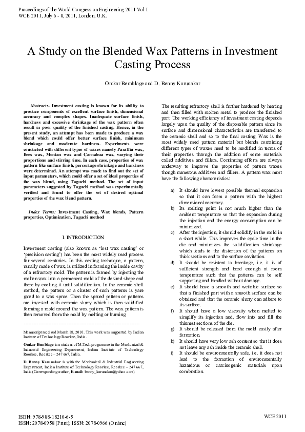 (PDF) A Study on the Blended Wax Patterns in Investment Casting Process