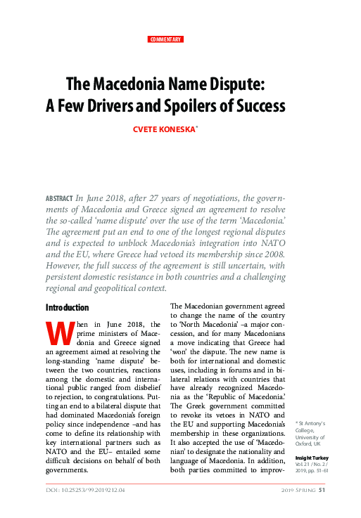 (PDF) The Macedonia Name Dispute: A Few Drivers and Spoilers of Success