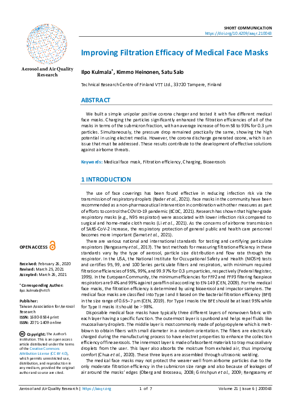 (PDF) Improving Filtration Efficacy of Medical Face Masks