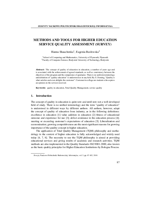 (PDF) Methods and tools for higher education service quality assessment ...