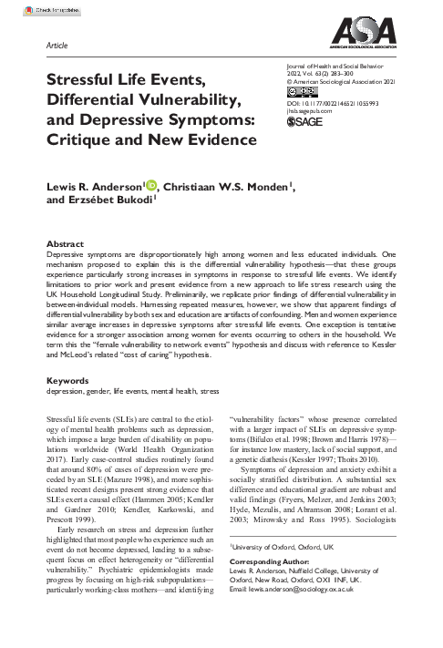 (PDF) Stressful Life Events, Differential Vulnerability, and Depressive ...