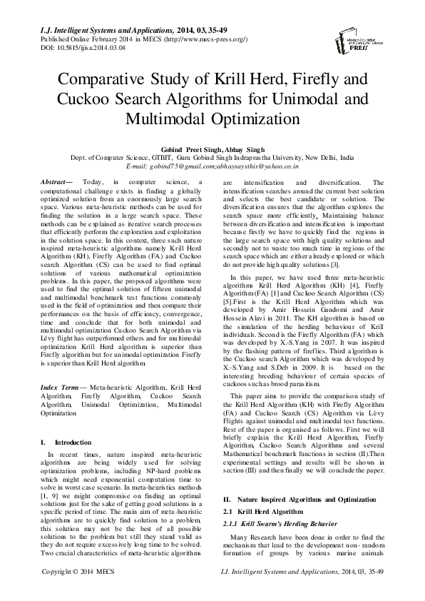 (PDF) Comparative Study of Krill Herd, Firefly and Cuckoo Search Algorithms for Unimodal and ...