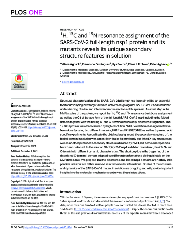 (PDF) 1H, 13C and 15N resonance assignment of the SARS-CoV-2 full-length nsp1 protein and its ...