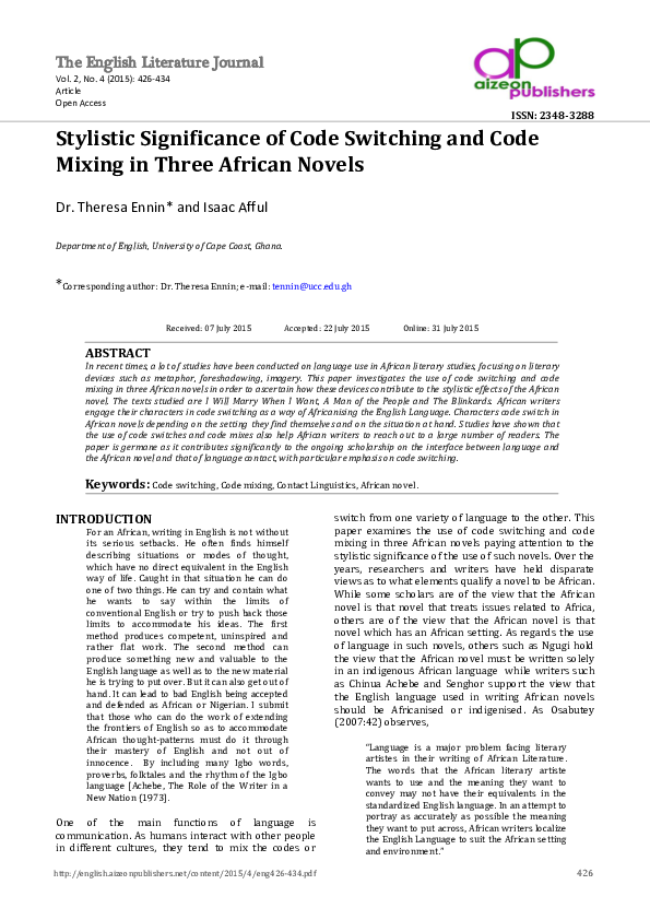 (PDF) Stylistic Significance of Code Switching and Code Mixing in Three ...