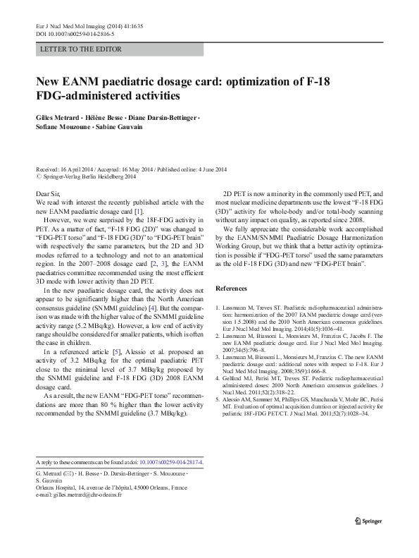 (PDF) New EANM paediatric dosage card: optimization of F-18 FDG ...