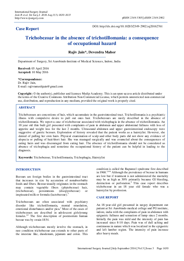 (PDF) Trichobezoar in the absence of trichotillomania: a consequence of ...