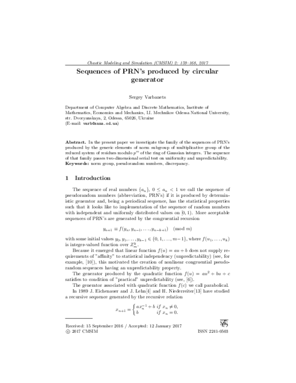 (PDF) Sequences of PRN’s produced by circular generator | Sergey Varbanets - Academia.edu