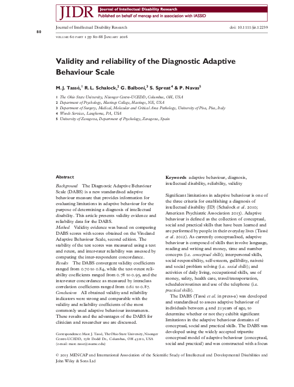 (PDF) Validity and reliability of the Diagnostic Adaptive Behaviour Scale