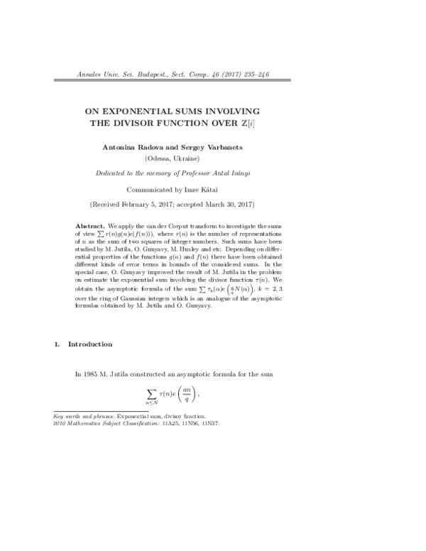 Pdf On Exponential Sums Involving The Divisor Function Over Z 0927