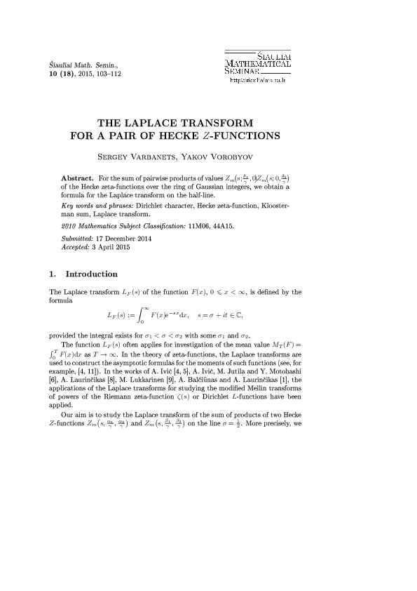 Pdf The Laplace Transform For A Pair Of Hecke Z Functions