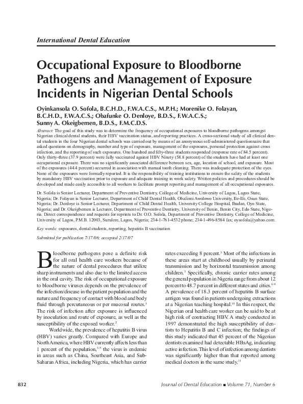 (PDF) Occupational Exposure to Blood-Borne Pathogens in a Tertiary ...