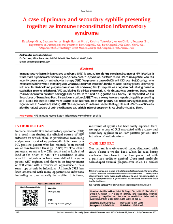 (PDF) A case of primary and secondary syphilis presenting together as ...