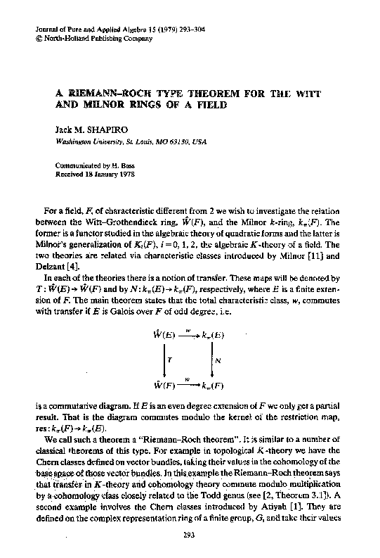 (PDF) A Riemann-Roch type theorem for the witt and milnor rings of a field