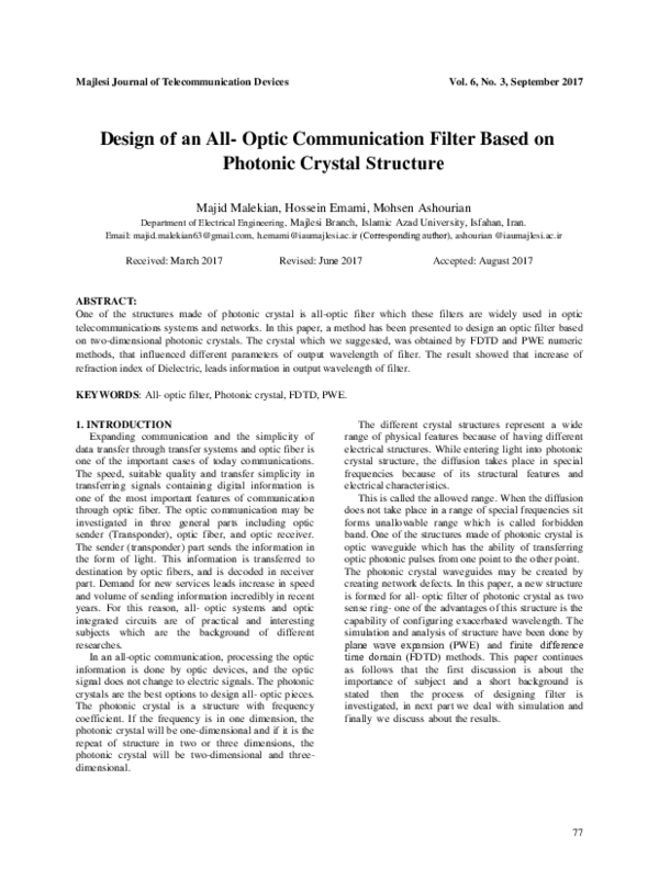 (PDF) Design of an All- Optic Communication Filter Based on Photonic Crystal Structure