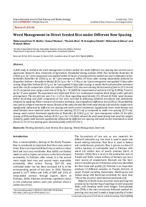 (PDF) Weed Management in Direct Seeded Rice under Different Row Spacing