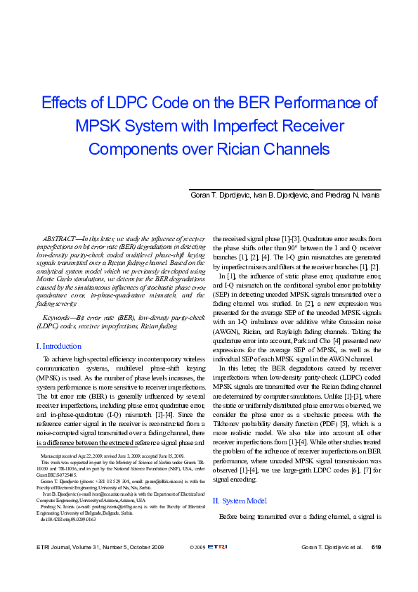 (PDF) Effects of LDPC Code on the BER Performance of MPSK System with ...