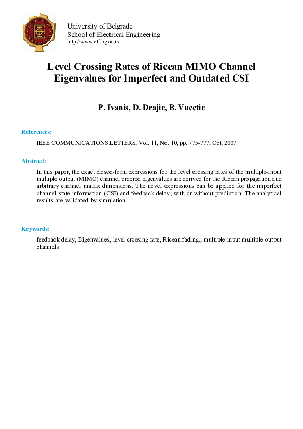 (PDF) Level Crossing Rates of Ricean MIMO Channel Eigenvalues for ...